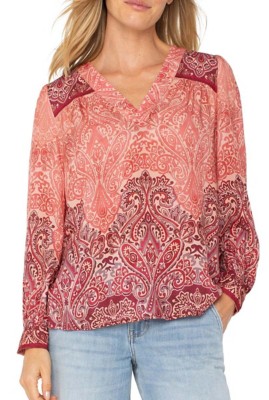 Women's Liverpool Los Angeles Popover Woven Long Sleeve V-Neck Blouse