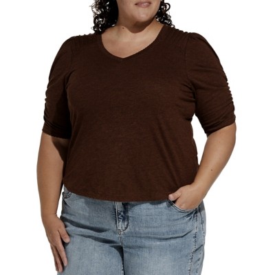 Women's Democracy Plus Size Elbow Puff Knit V-Neck Blouse